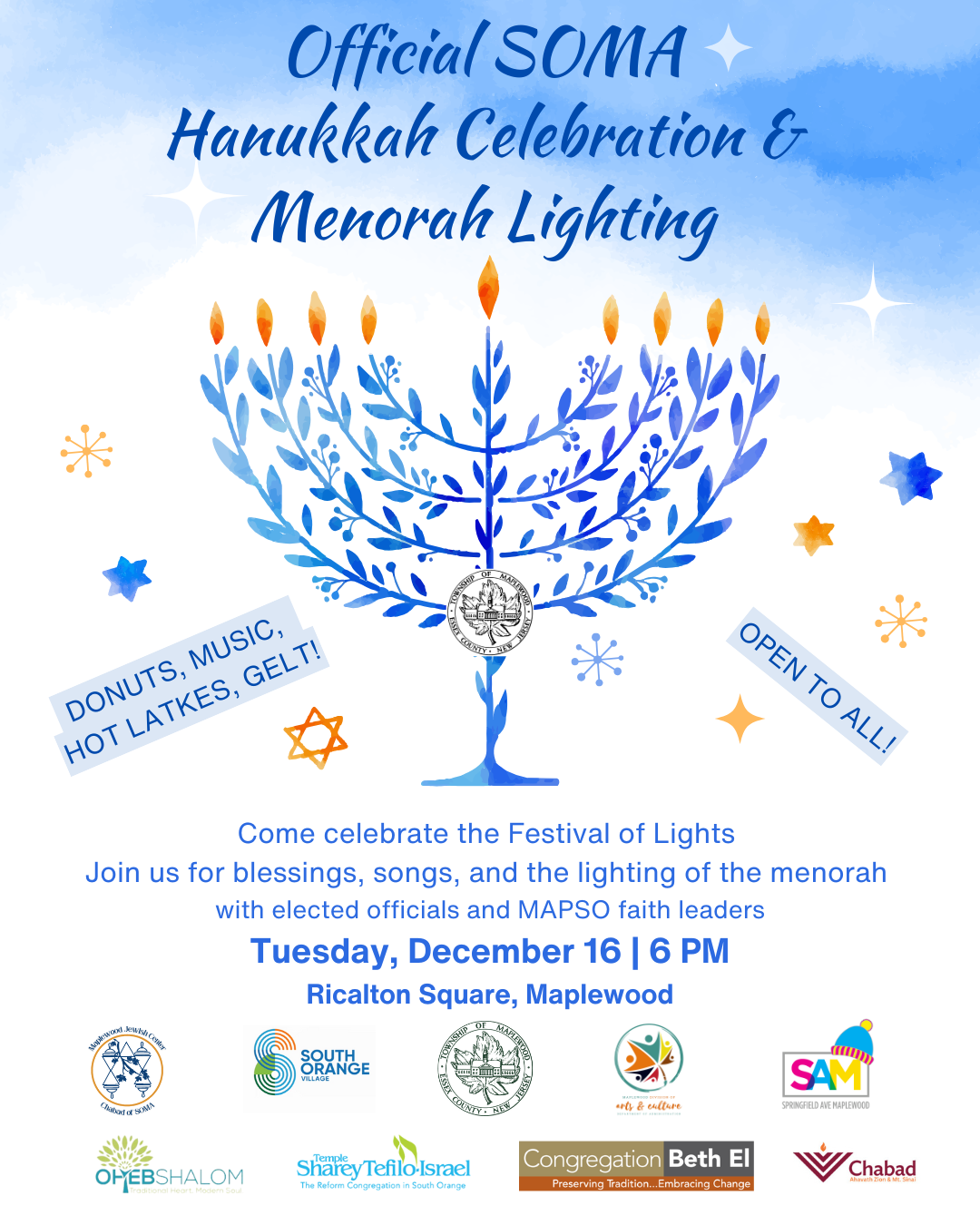 SOMA Hanukkah Celebration & Menorah Lighting : Temple Sharey Tefilo-Israel